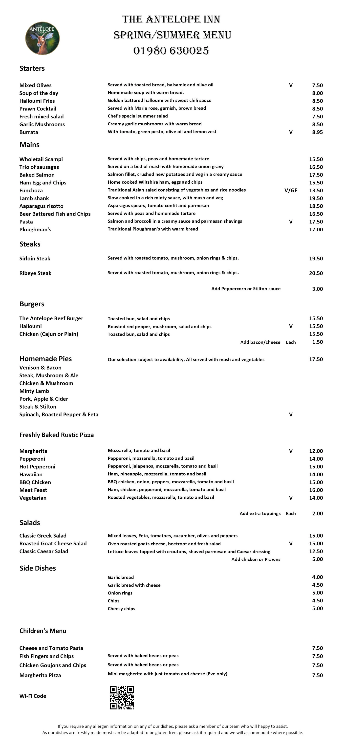 The Antelope Inn, Upavon - Menu